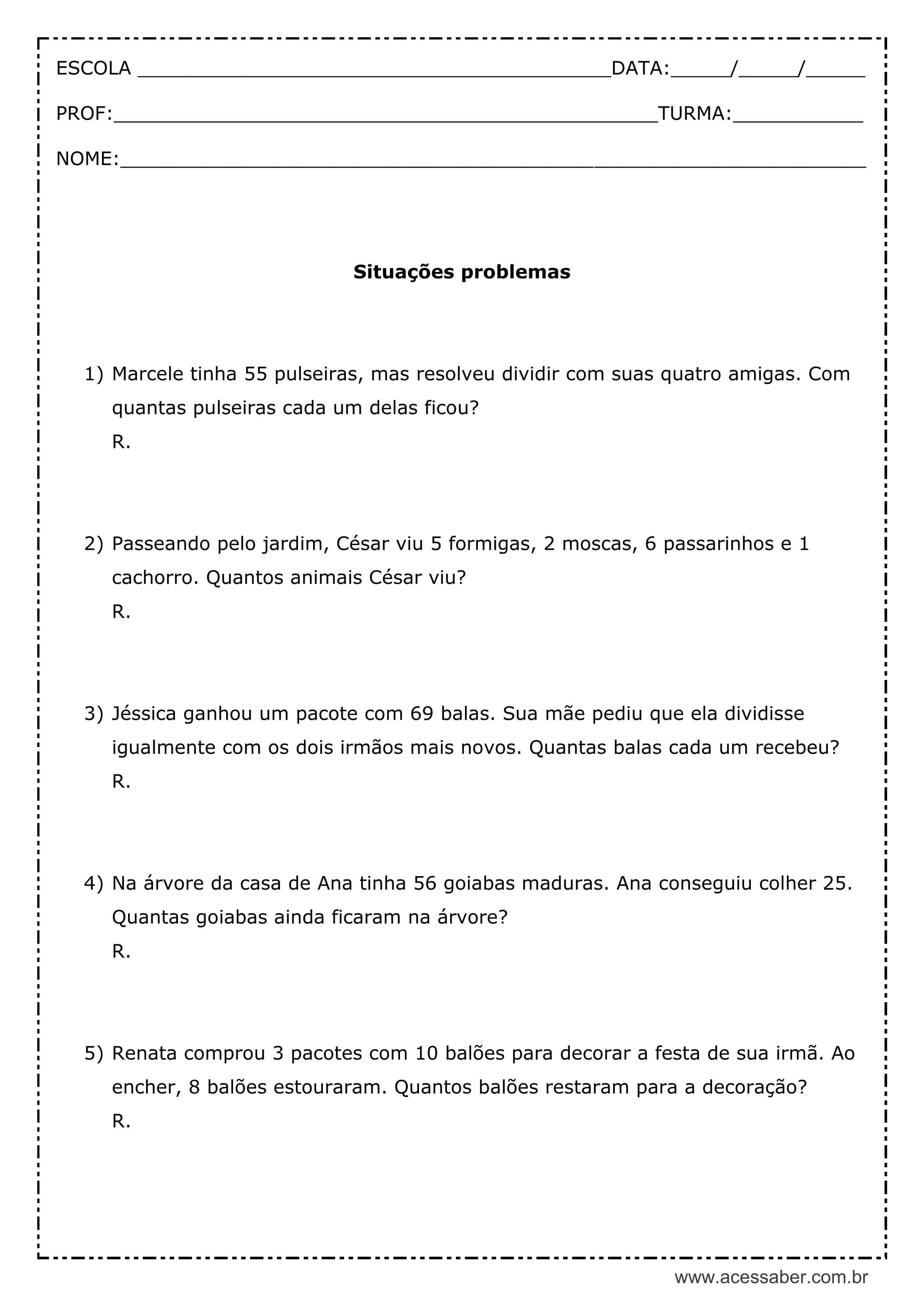 Atividade de matemática: Situações problemas - 3º ano